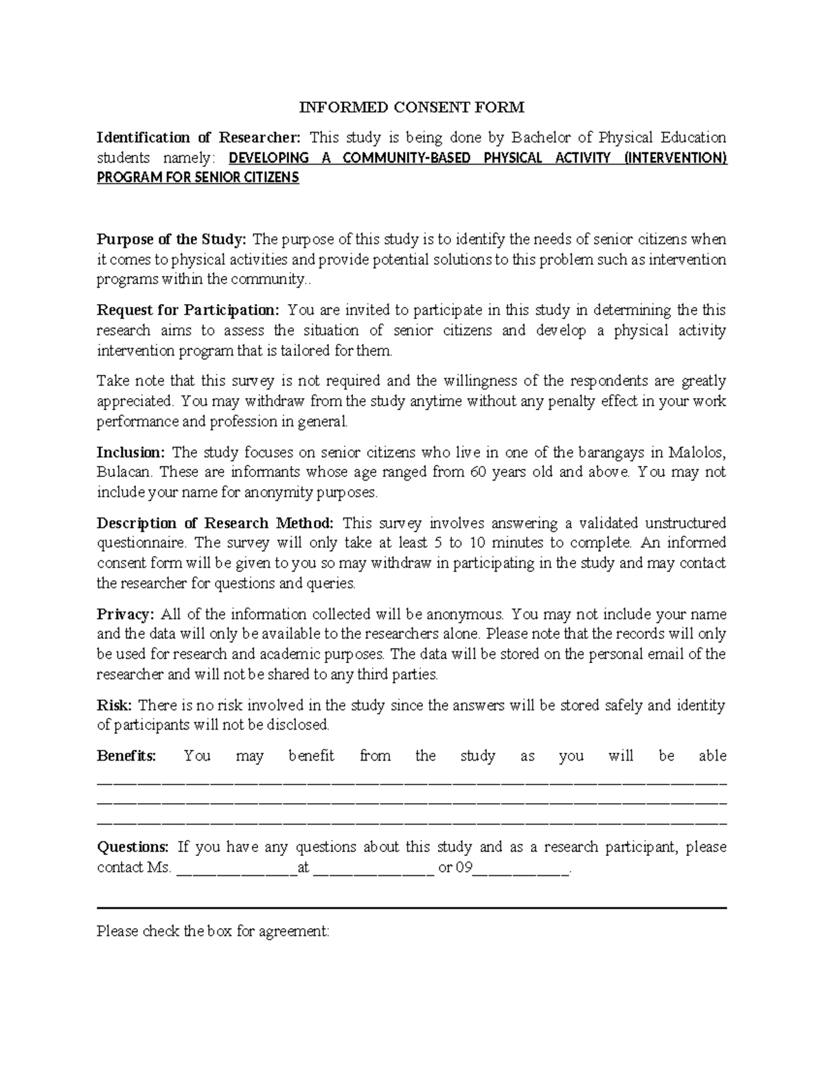 INFORMED CONSENT FORM: PHYSICAL ACTIVITY PROGRAM FOR SENIORS - Studocu