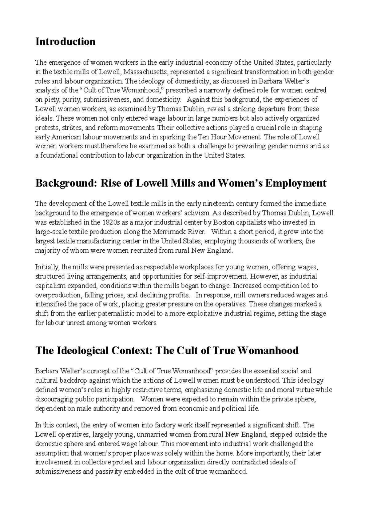 Lowell Mill Girls and the Cult of True Womanhood: A Study 2 - Studocu