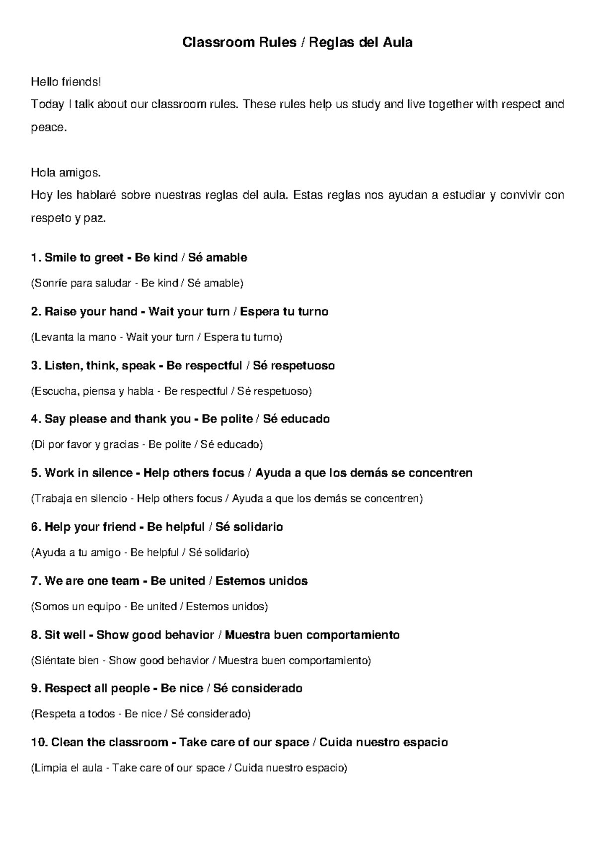 Classroom Rules (Reglas del Aula) - Bilingual Guide - Studocu