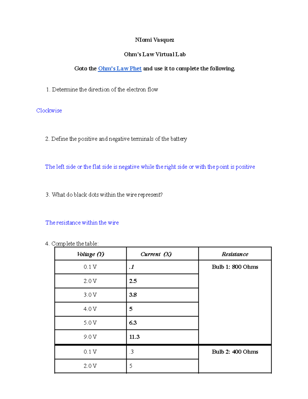 Ohm's Law Virtual Lab - NIomi Vasquez - Electron Flow & Resistance ...
