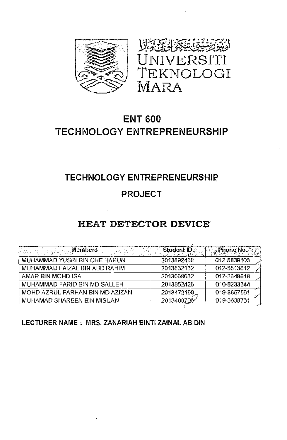 ENT 600 Final Project: Heat Alert Detector Device Overview - Studocu