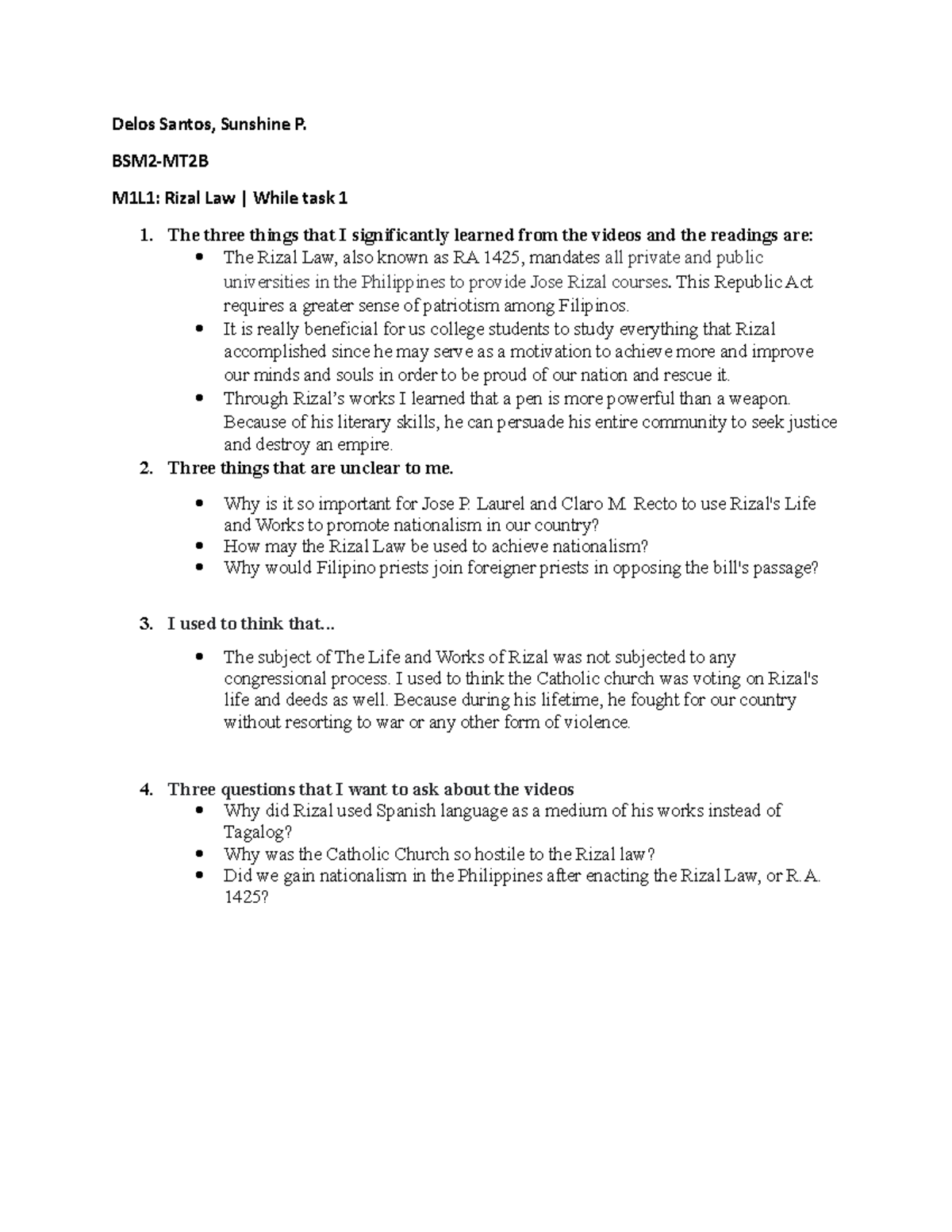 Rizal law - shj - Delos Santos, Sunshine P. BSM2-MT2B M1L1: Rizal Law | While task 1 The three ...