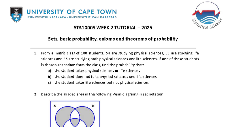 WEEK 2 TUTORIAL STA1000S 2025: Sets & Probability Concepts - Studocu
