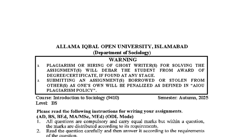 Assignment 1: Introduction to Sociology (9410) - Autumn 2025 - Studocu