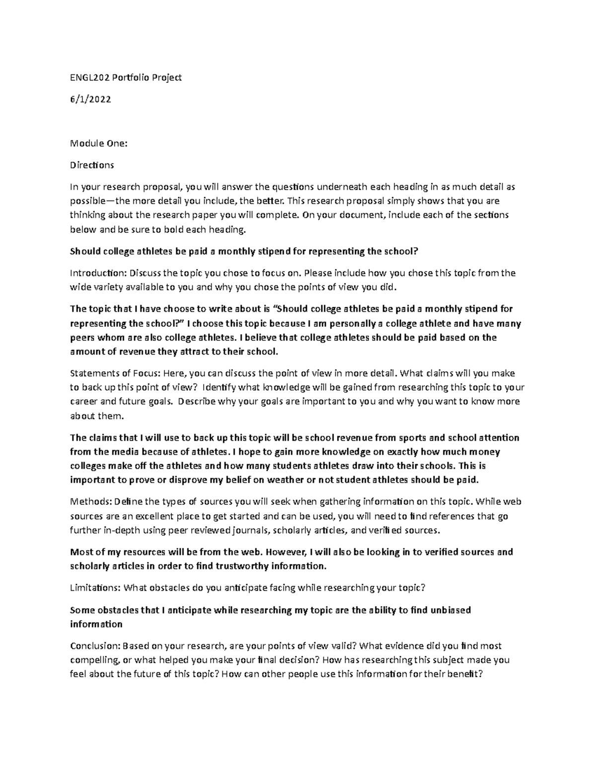ENGL202 Module 1 Portfolio Project: Research on College Athletes ...