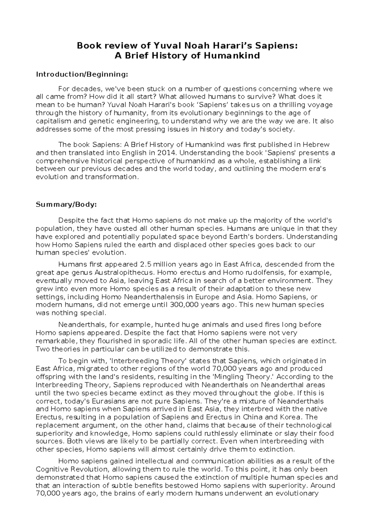 BOOK Review: Sapiens - A Brief History of Humankind - Studocu