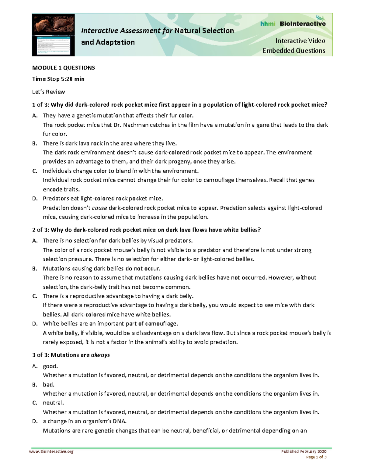 Interactive Natural Selection Adaptation questions video 2 ...