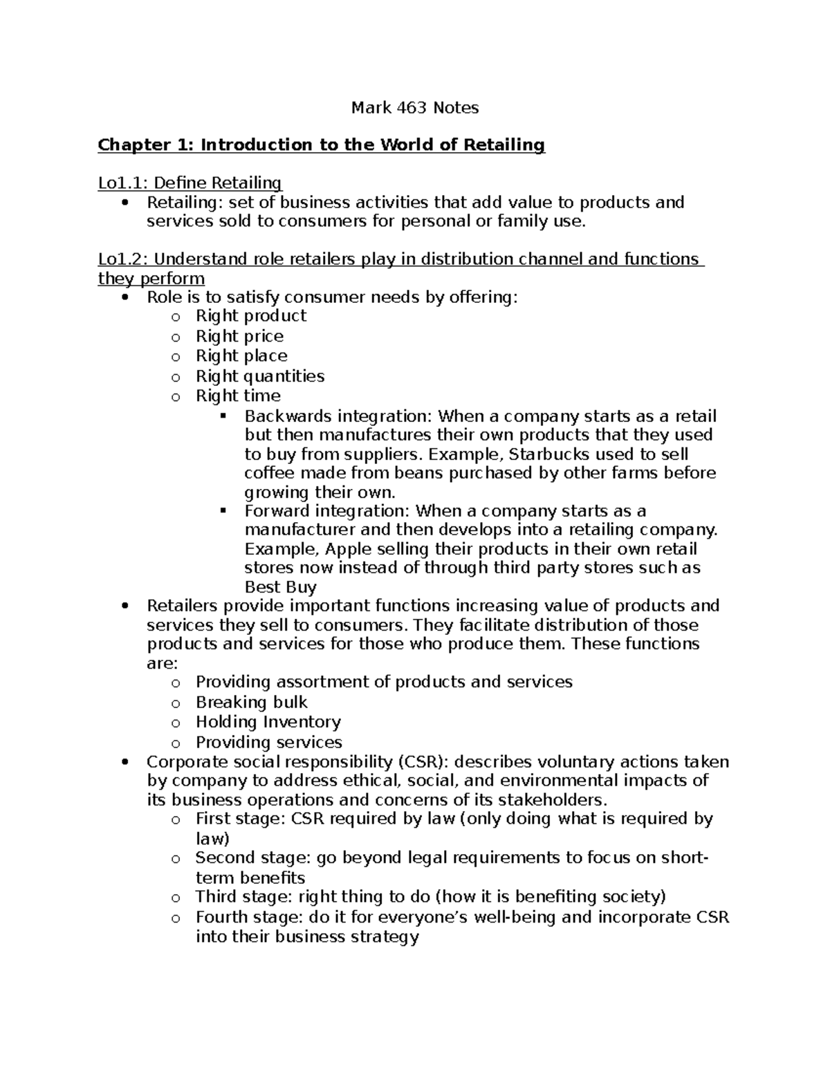 Mark 463 Notes: Chapter 1 - Introduction to Retailing Concepts and ...