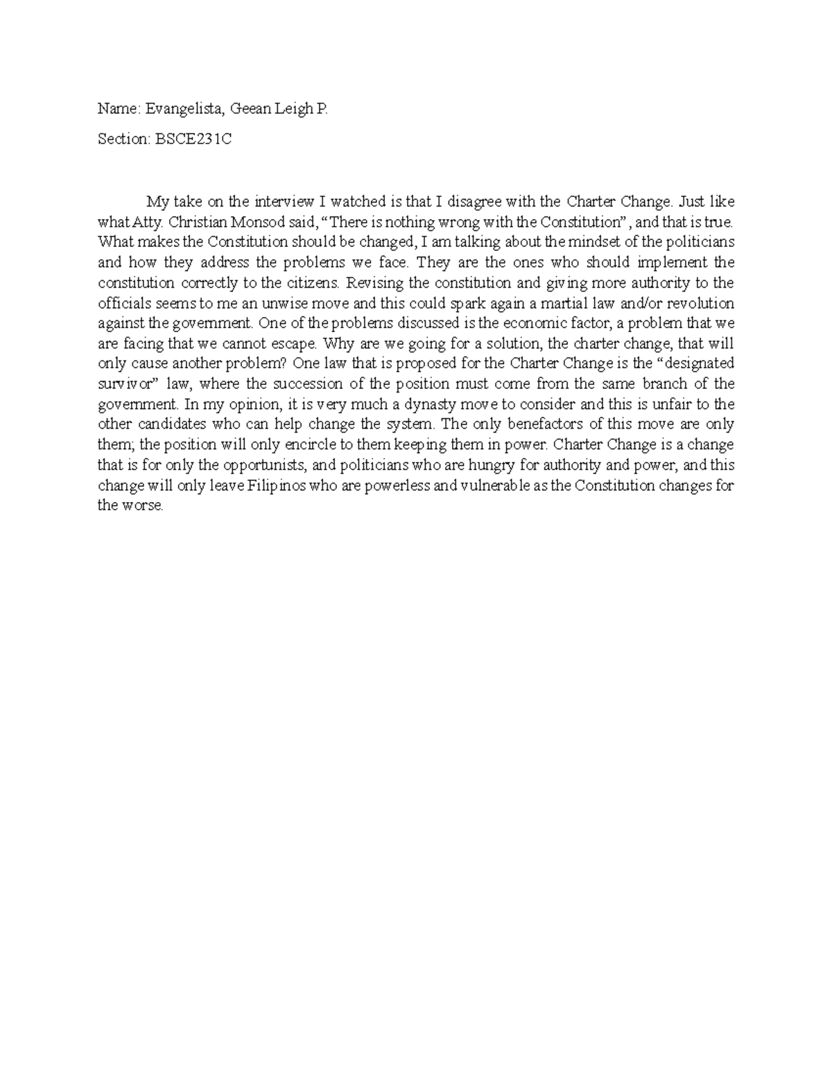 Philippine Constitution Activity - Name: Evangelista, Geean Leigh P ...