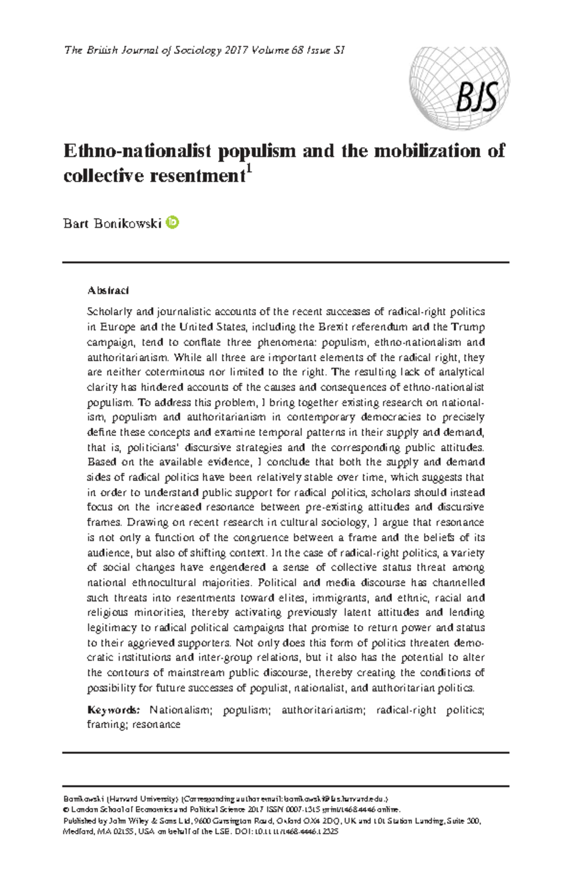 Ethno-Nationalist Populism and Collective Resentment Analysis (BJS 2017 ...