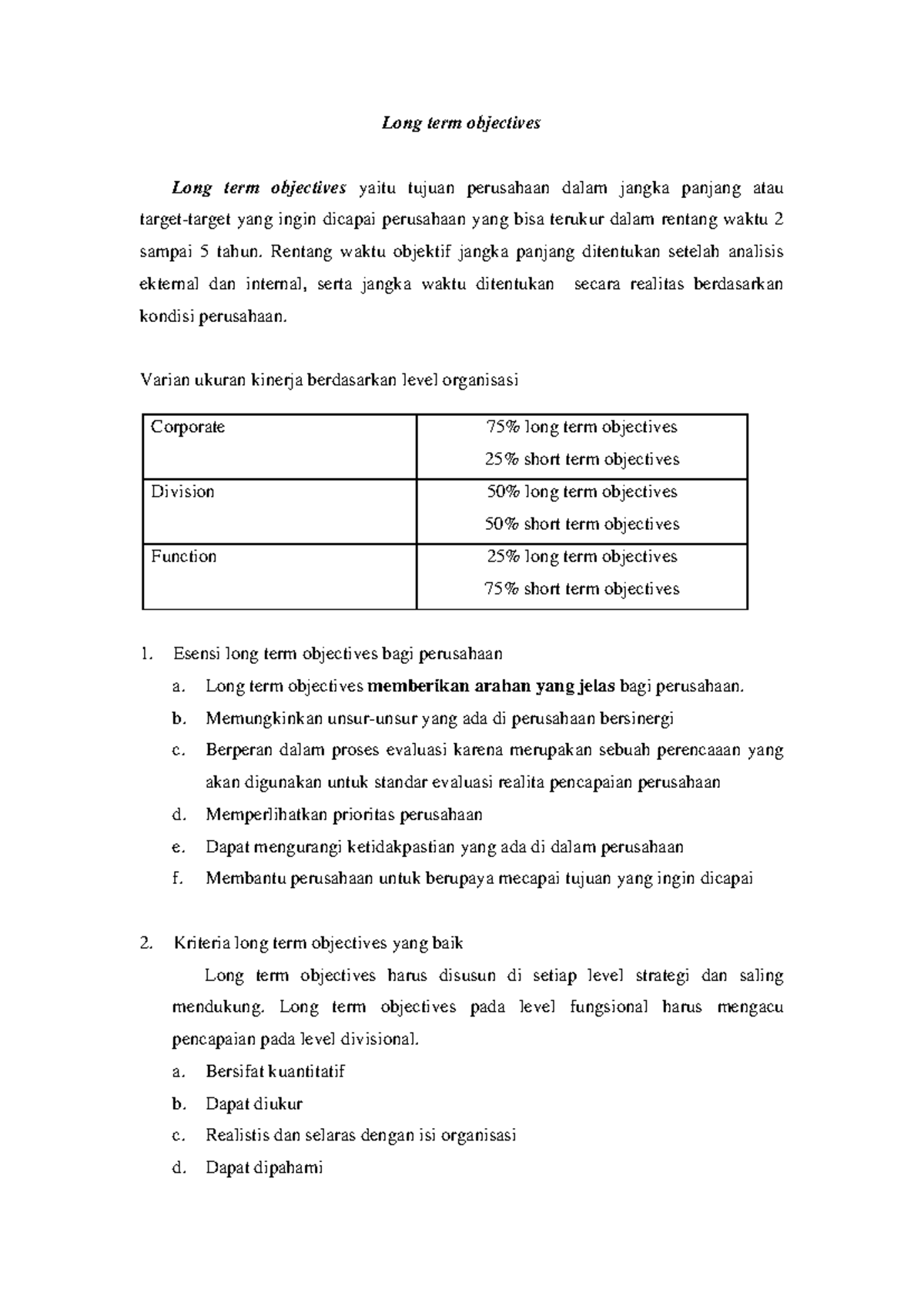 Long Term Objectives: Strategic & Financial Goals Analysis - Studocu