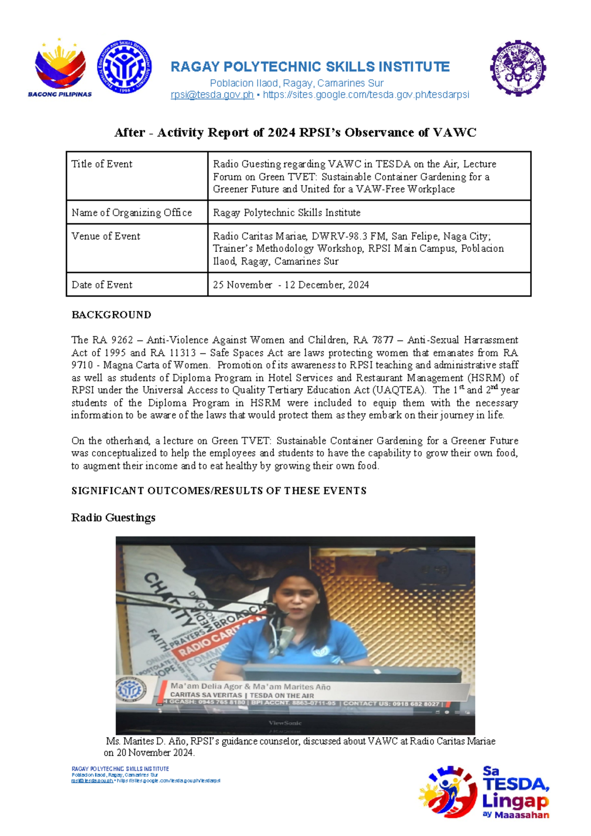 2024 VAWC After Activity Report: RPSI's Events and Outcomes - Studocu
