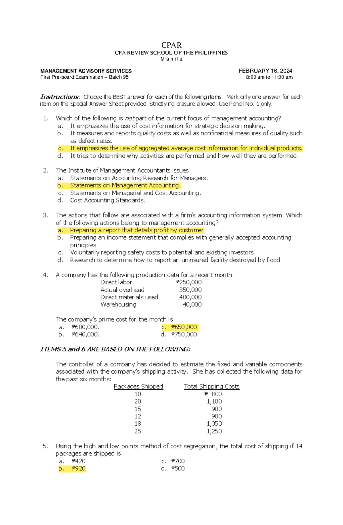 CPAR 95 MAS First Pre-board Exam 2024 - Comprehensive Reviewer - Studocu