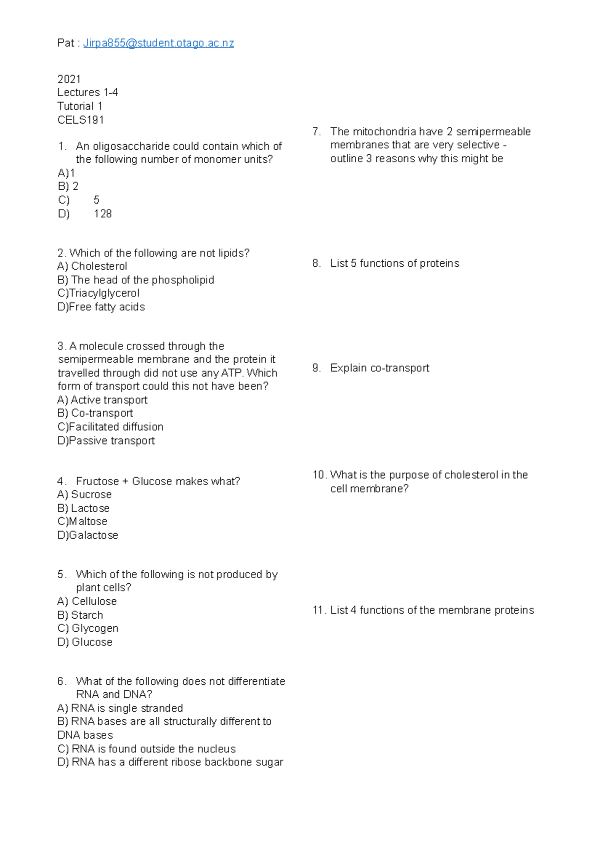 CELS 191 Quiz: Multiple Choice Questions for Lectures 1-4 - Studocu