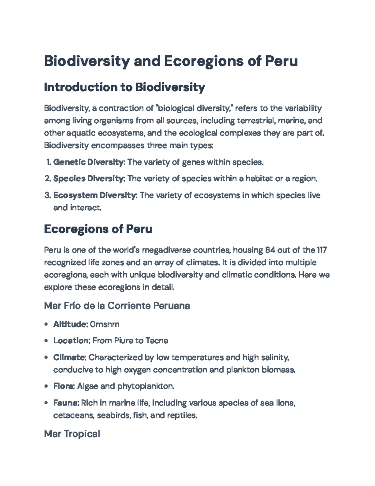 Biodiversity & Ecoregions of Peru: Insights for Environmental Studies ...