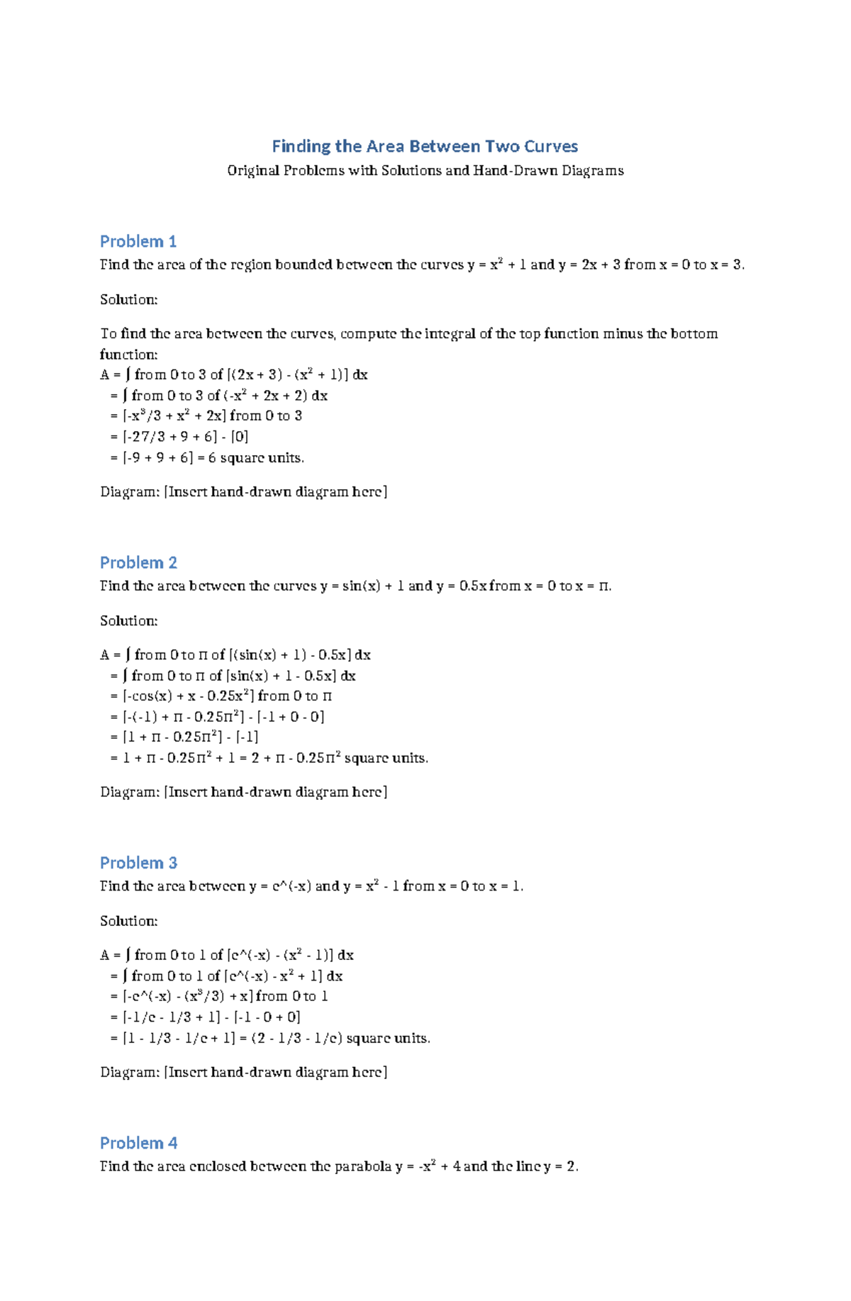 Area Between Curves Problems with Solutions and Diagrams - Studocu