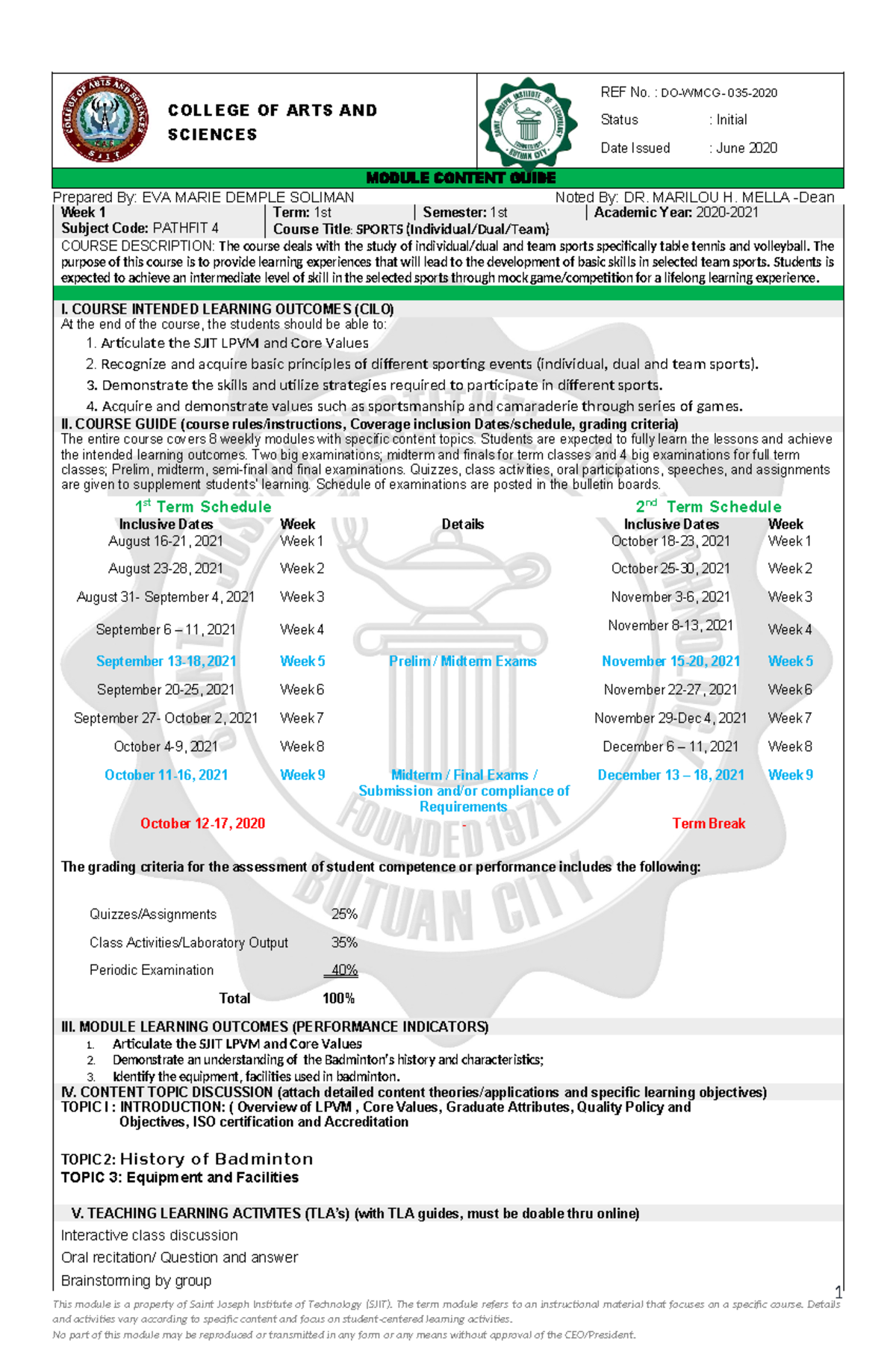 Pathfit-4- Module - Education - 1 MODULE CONTENT GUIDE Prepared By: EVA ...