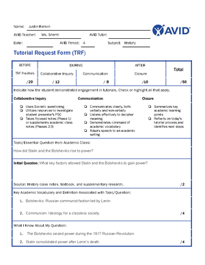 AVID History Tutorial Request Form (TRF) - Engagement & Inquiry Guide - Studocu