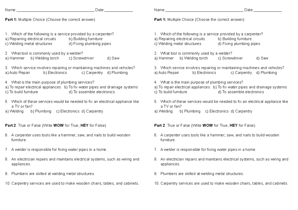 ACT 1: MCQs & True/False on Construction & Repair Services - Studocu