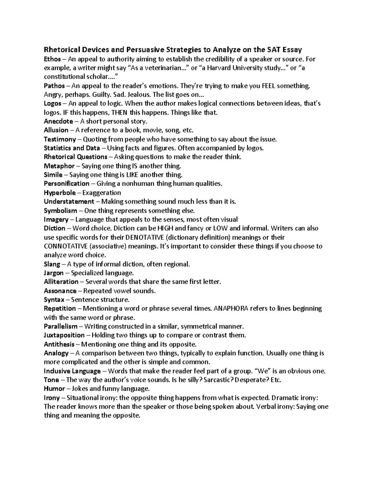 Rhetorical Devices & Persuasive Strategies for SAT Essay Analysis - Studocu