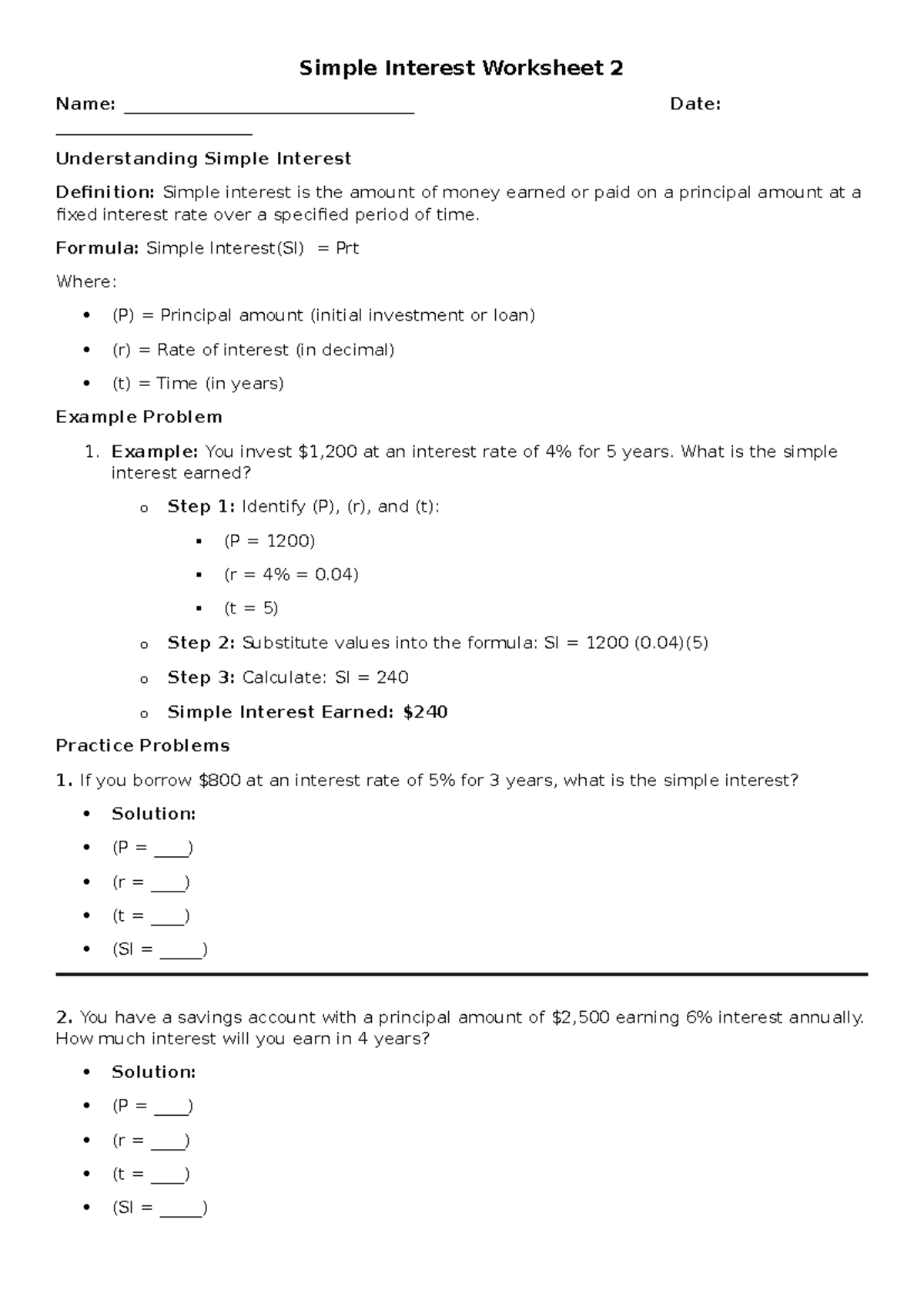 Simple Interest Worksheet 2 - Formula: Simple Interest(SI) = Prt Where ...