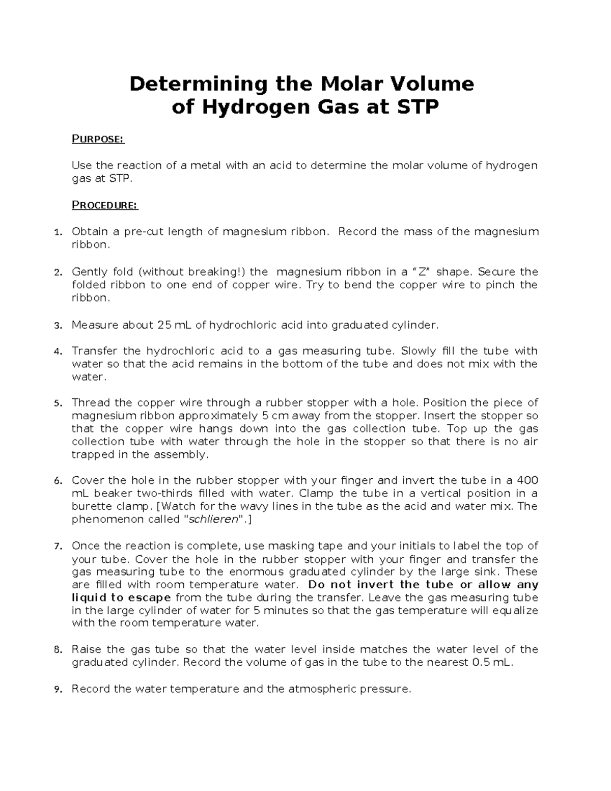 Determining Molar Volume of H₂ Gas at STP - Lab Procedure - Studocu