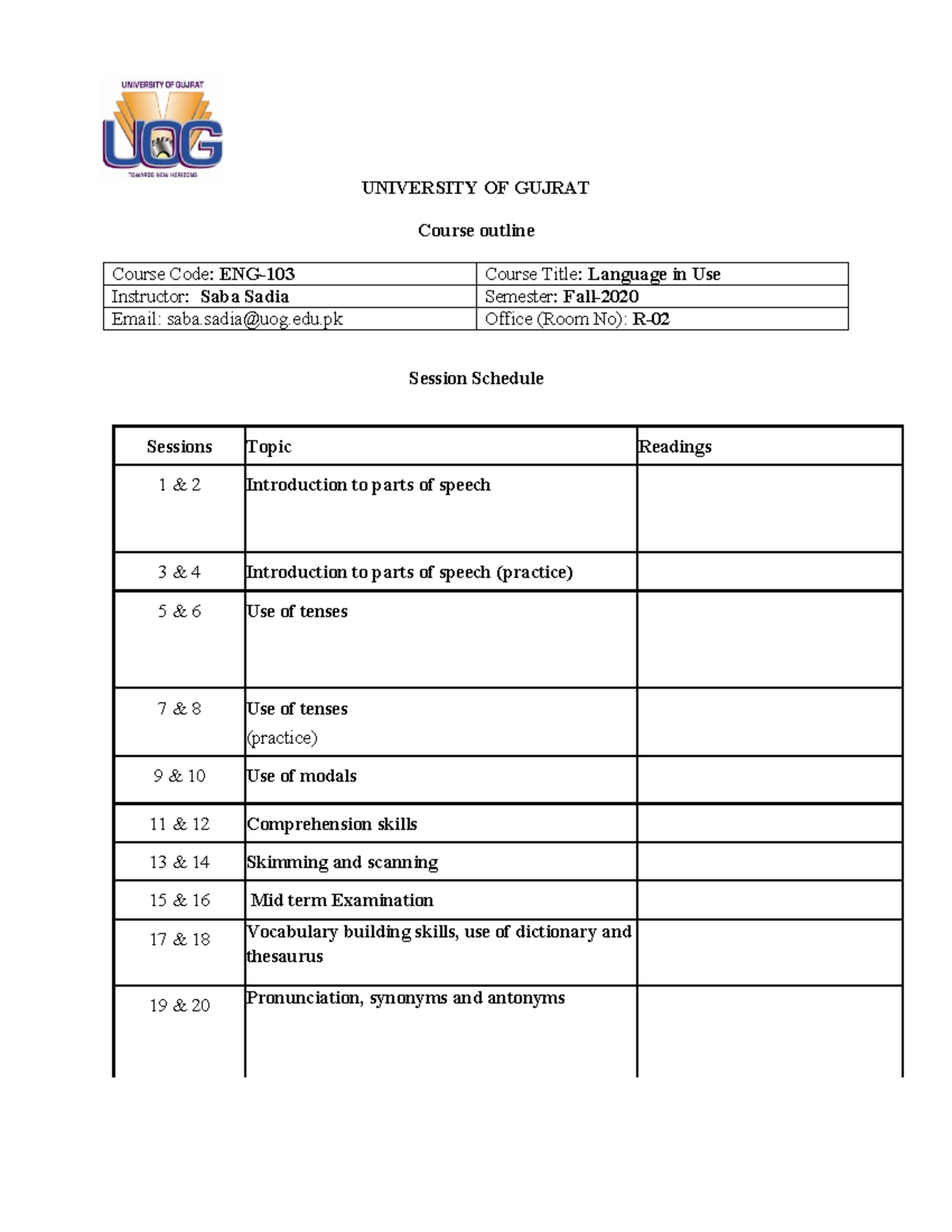 Eng-103 course outline: Language in use and midterm examination details ...