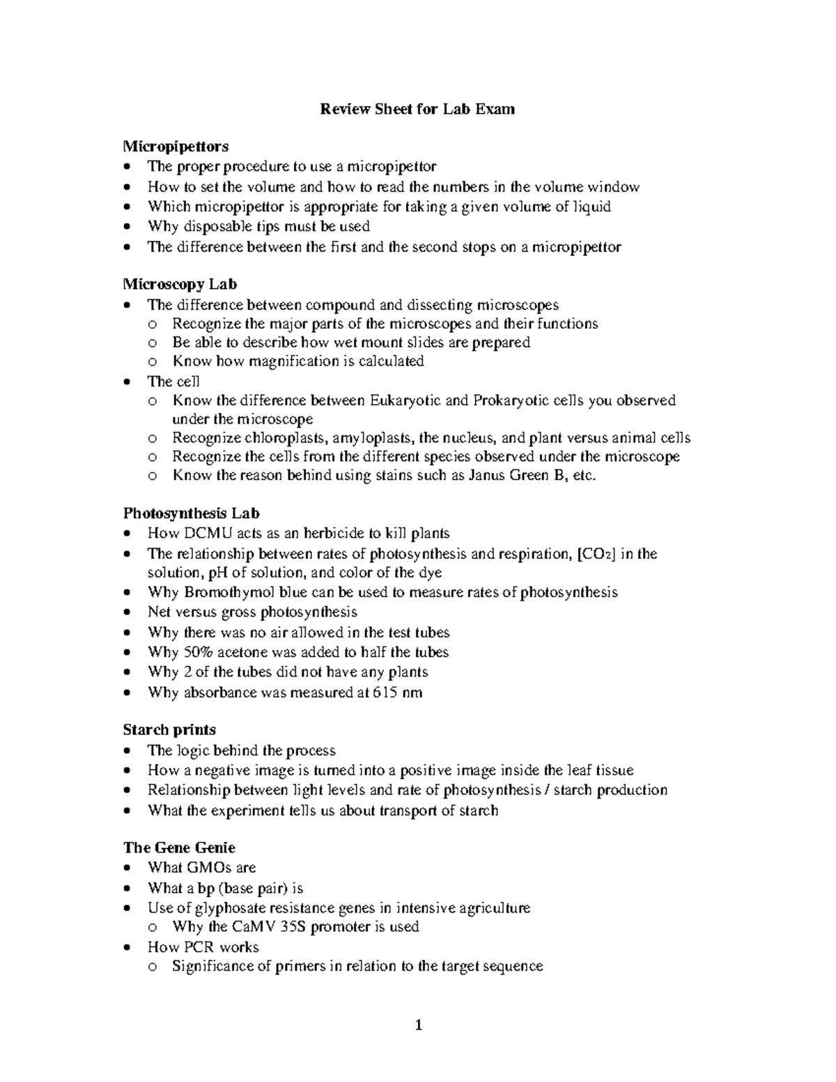 Lab Exam Review Sheet: Micropipettors, Microscopy & Photosynthesis ...