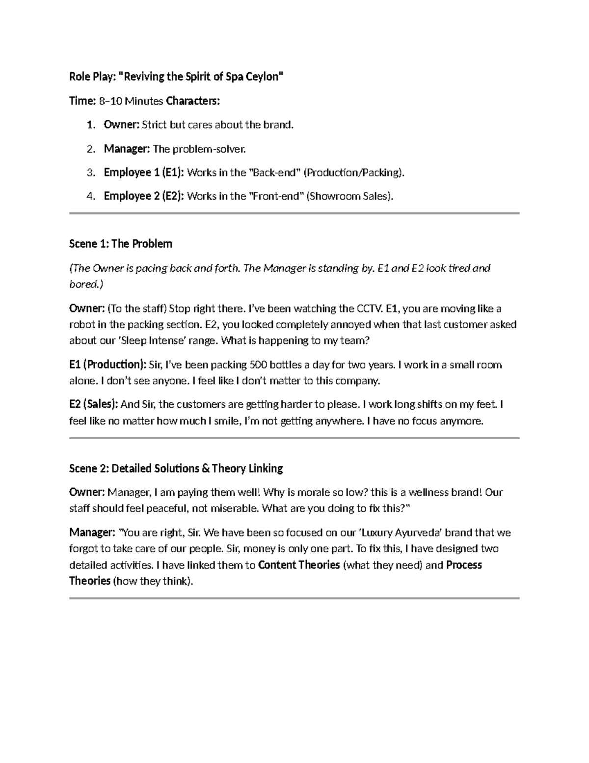 Role Play OB Script: Enhancing Employee Morale in Spa Ceylon - Studocu