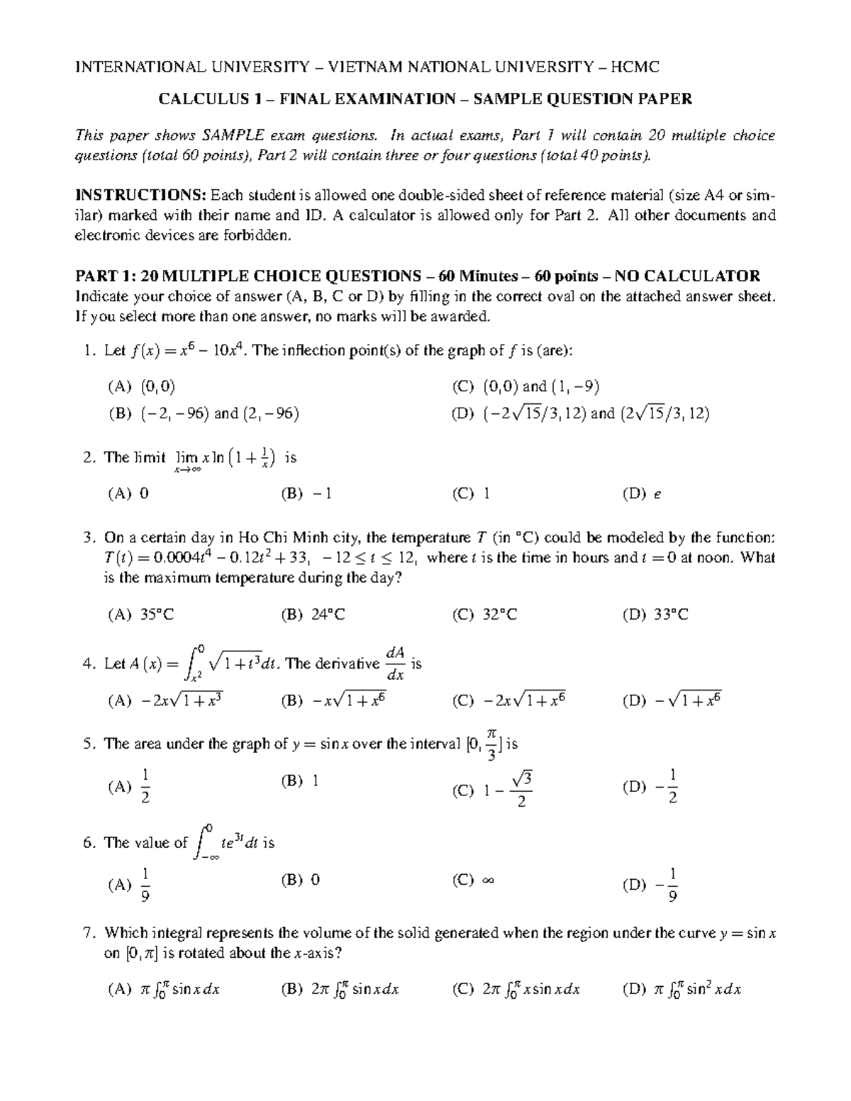 Calculus 1 Final Exam Sample Questions and Answers - Part 1 & 2 - Studocu