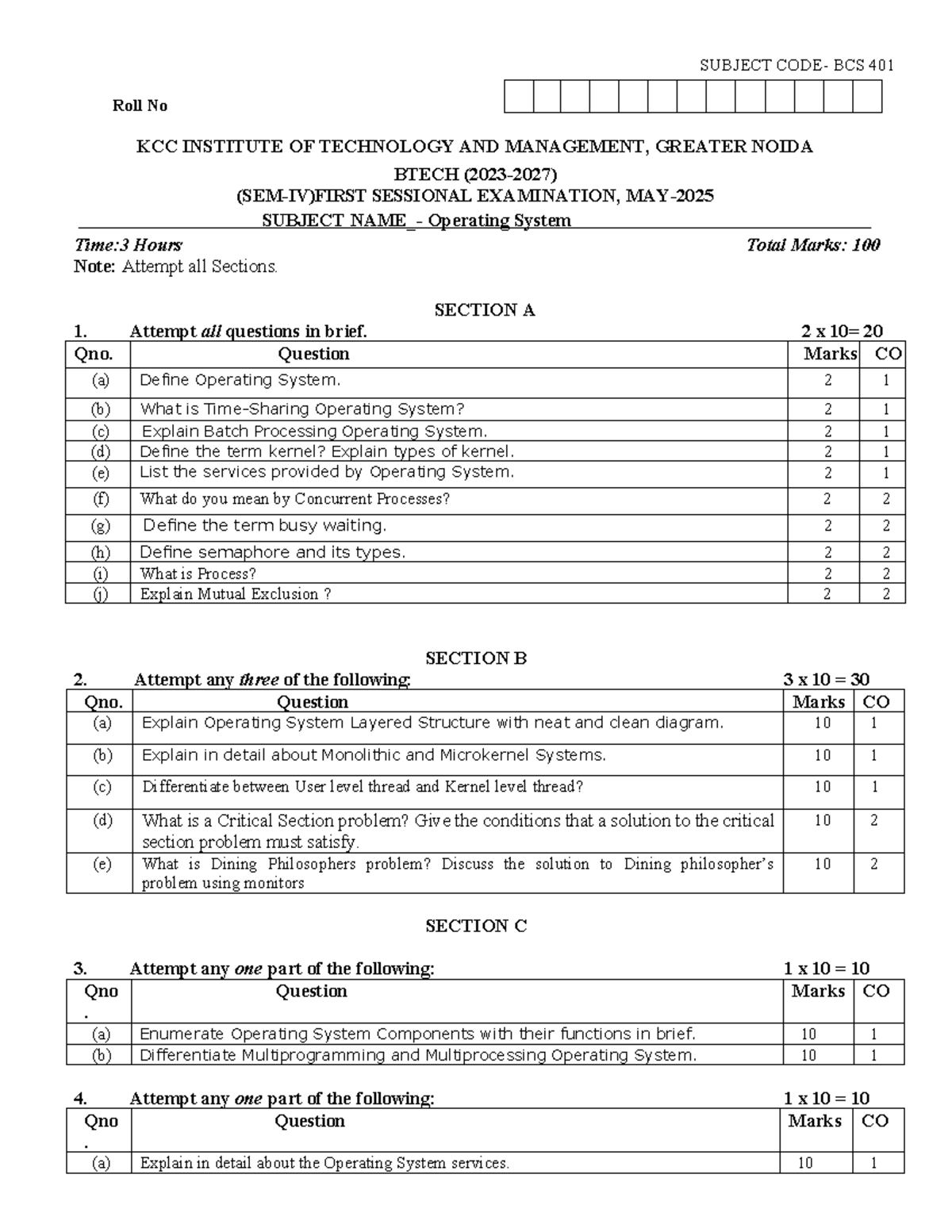 BCS 401 Operating System Sessional Exam Question Paper - Studocu