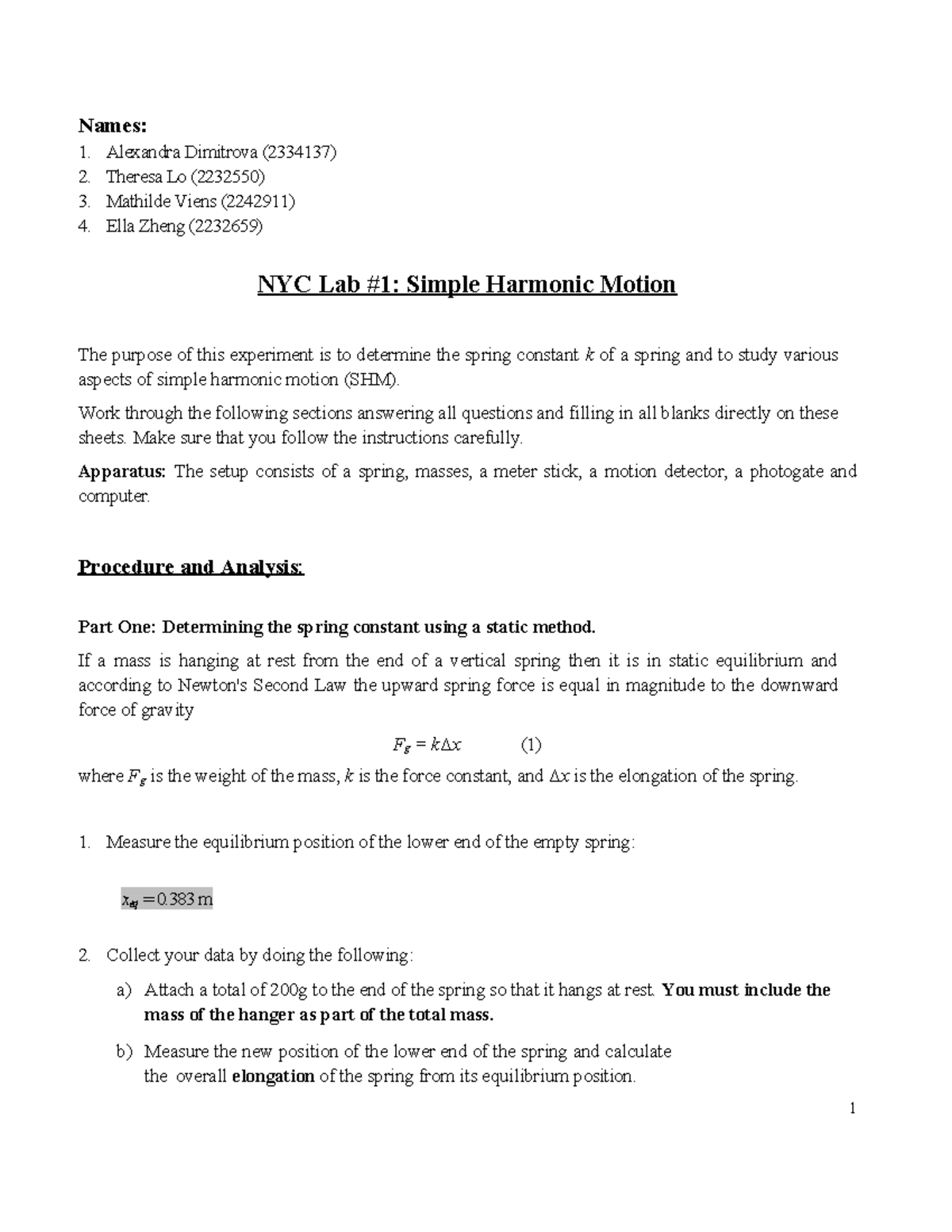 Lab 1: Simple harmonic motion experiment (PHYS 101) - Studocu