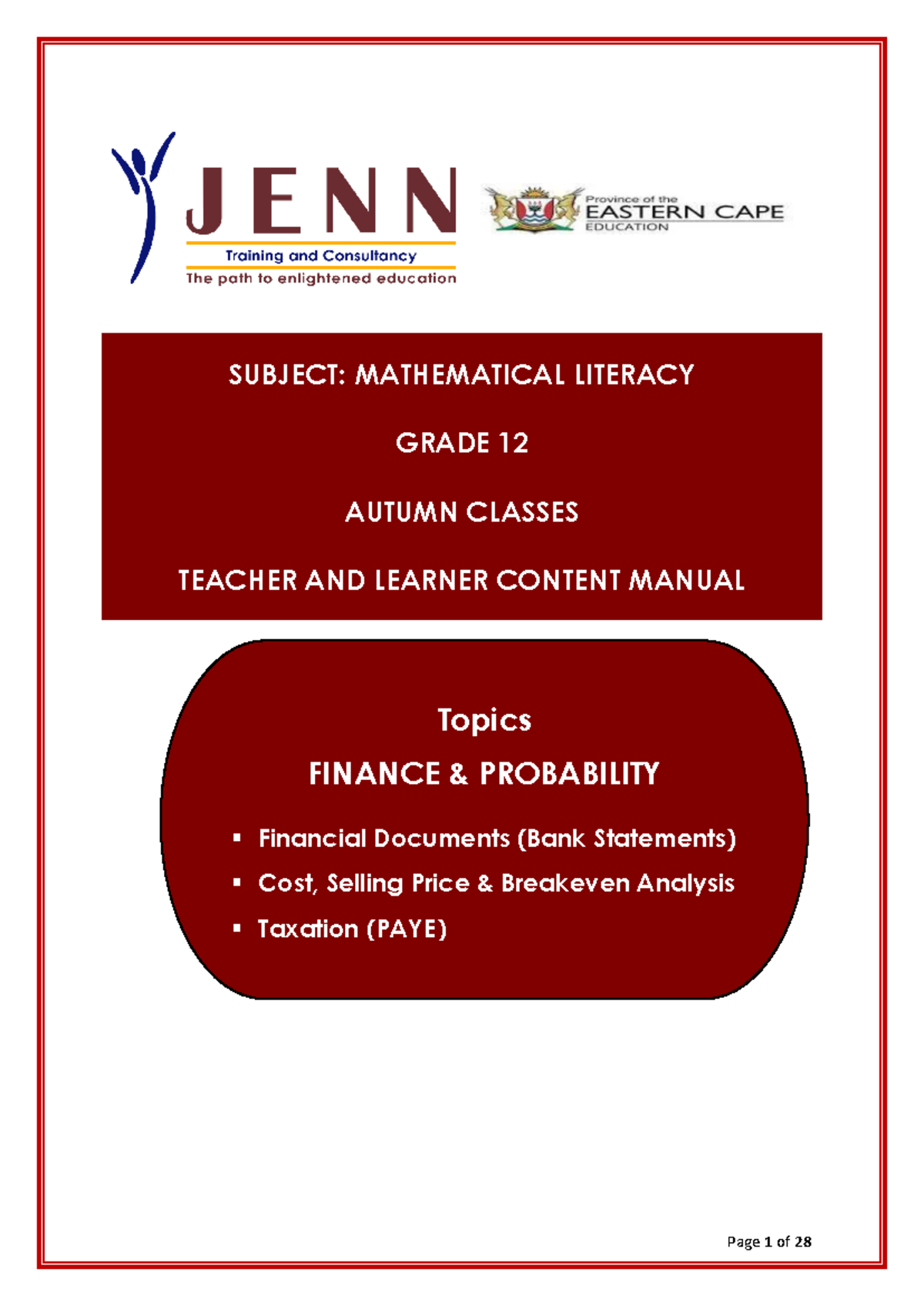 Mathematical Literacy Grade 12 Autumn Classes: Finance & Probability ...