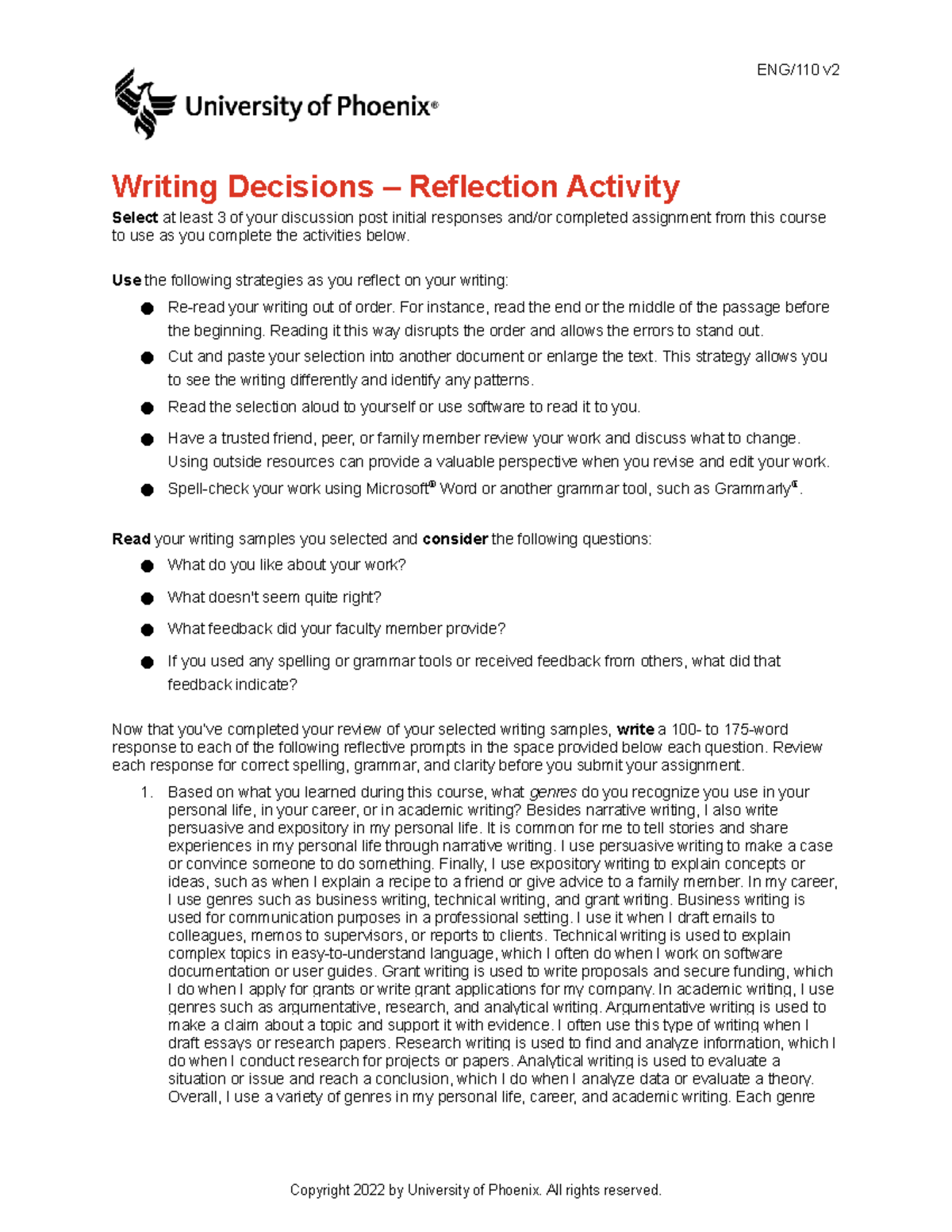 ENG/110 v - Reflection Activity on Writing Decisions and Styles - Studocu
