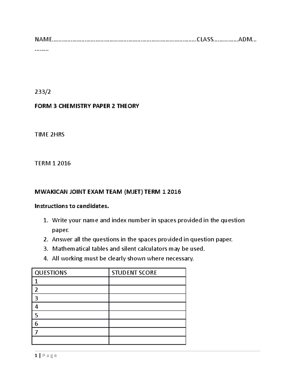 Chemistry form 3 paper 2 mod21042022001 - - Studocu