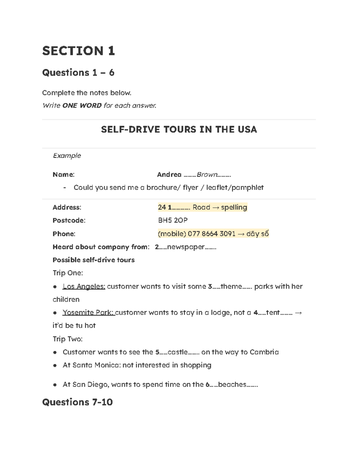 Listening Practice Notes - Q&A for Self-Drive Tours and Design ...