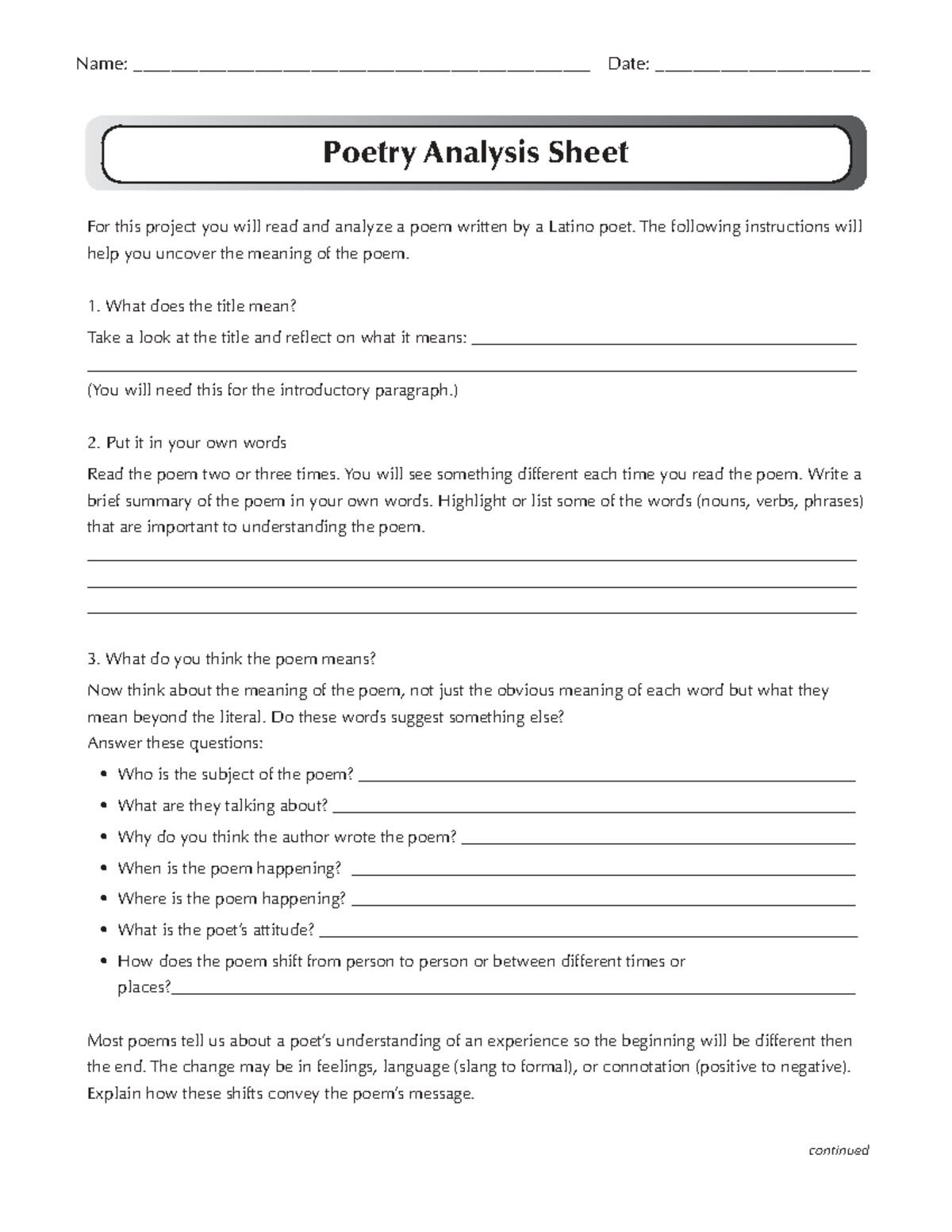 Poetry Analysis Sheet for Latino Poets: Instructions & Guidelines - Studocu