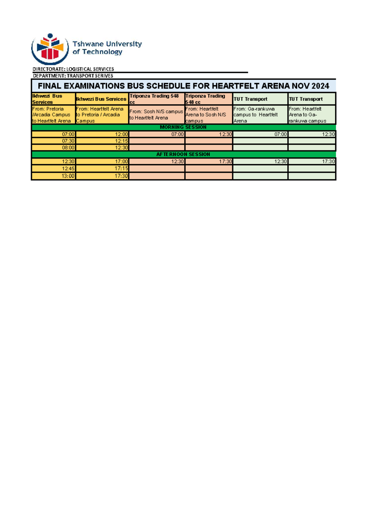 Bus-schedule - BUS - Directorate: Logistical Services Department ...