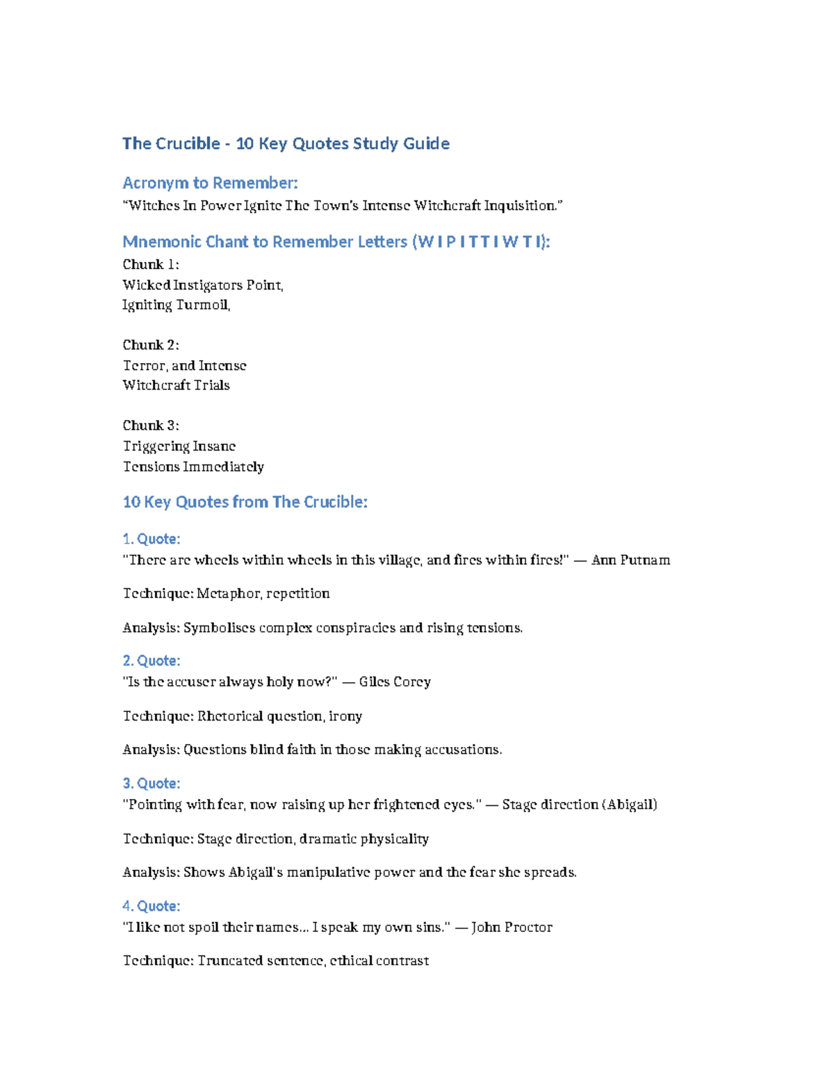 The Crucible (ENG 101) 10 Key Quotes Study Guide & Mnemonic - Studocu