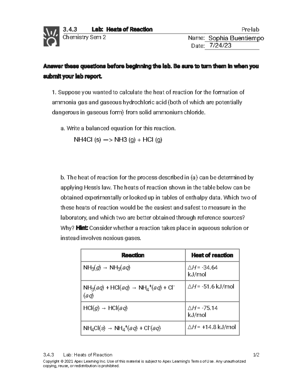 3.4.3 Lab - Heats of Reaction Pre-lab Study Guide for Chemistry Sem 2 ...
