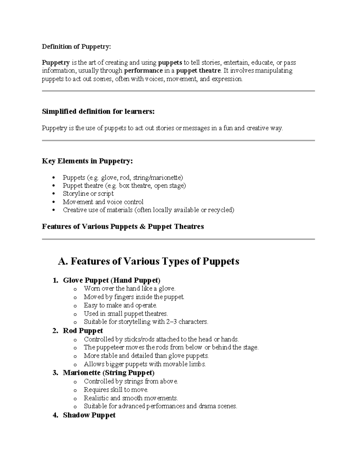 Puppetry: Definition, Techniques, and Storyline Creation Guide - Studocu