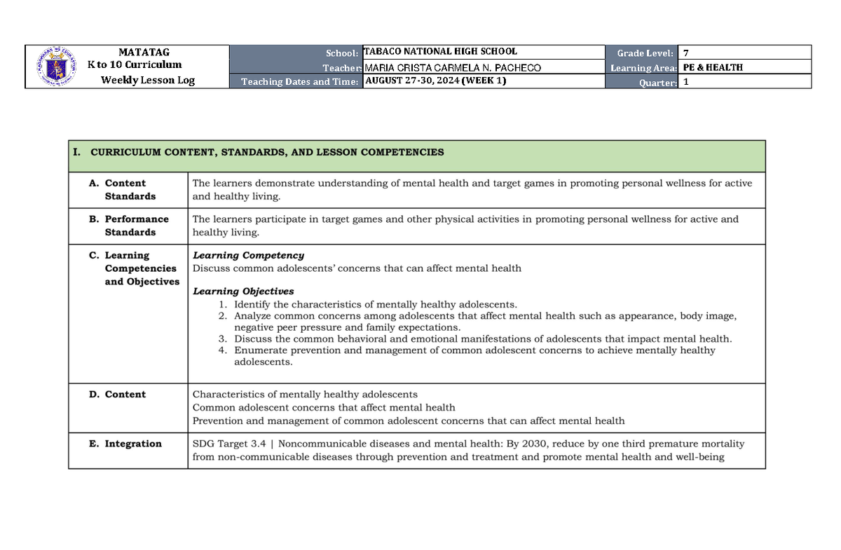 DLL Grade 7 MAPEH PE & Health Week 1 Lesson Plan - Studocu