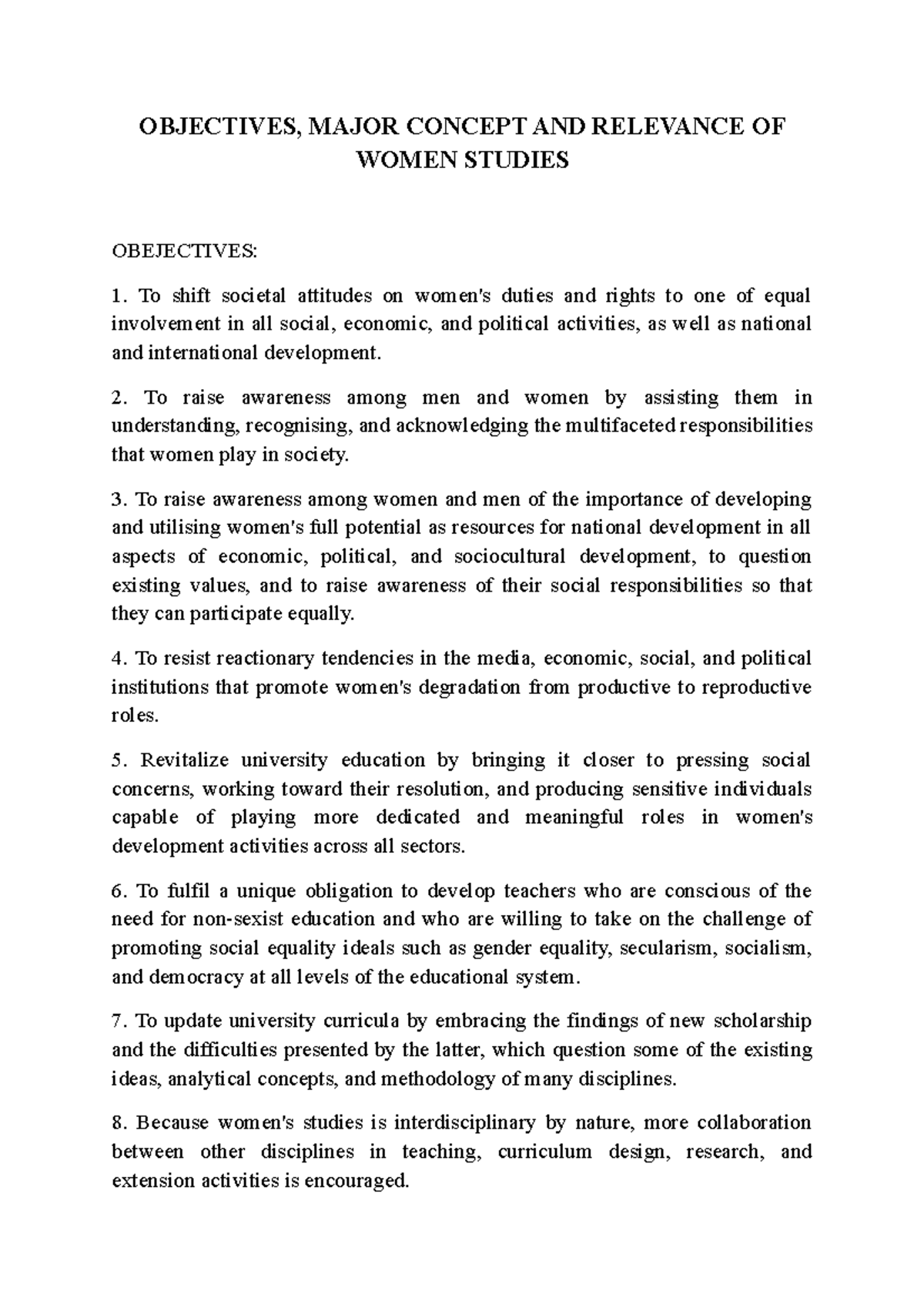 Objectives and Major Concepts in Women Studies (WST 101) - Studocu