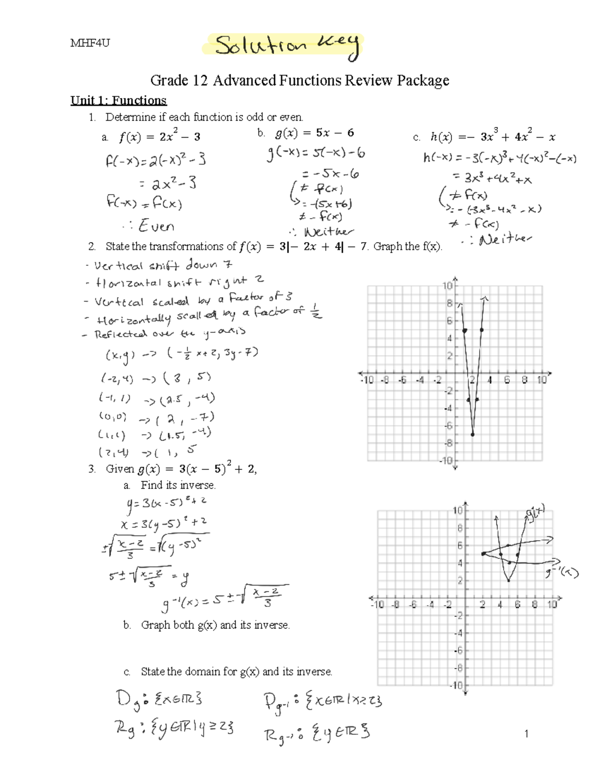 Advanced Functions Review Package Solutions - MHF4U Grade 12 Advanced ...
