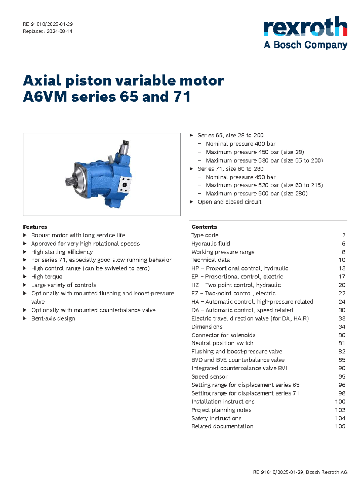 RE A6VM Series 65 & 71 Axial Piston Variable Motor Overview - Studocu