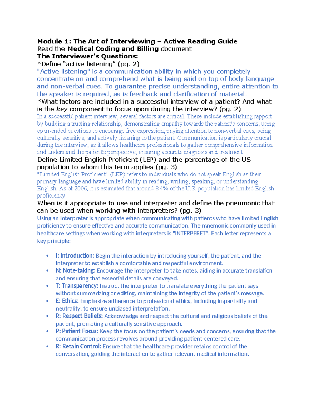 Active Reading Guide: Art of Interviewing in Telehealth Settings - Studocu