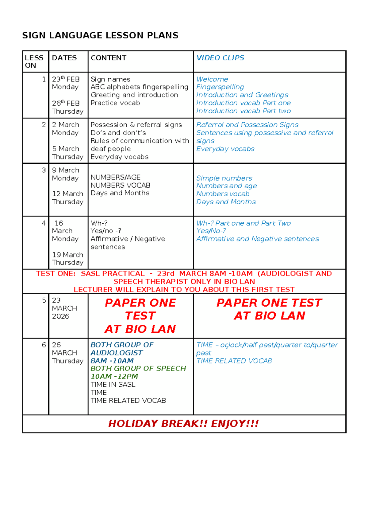 SASL Lesson Plans for UKZN: Dates and Content Overview - Studocu