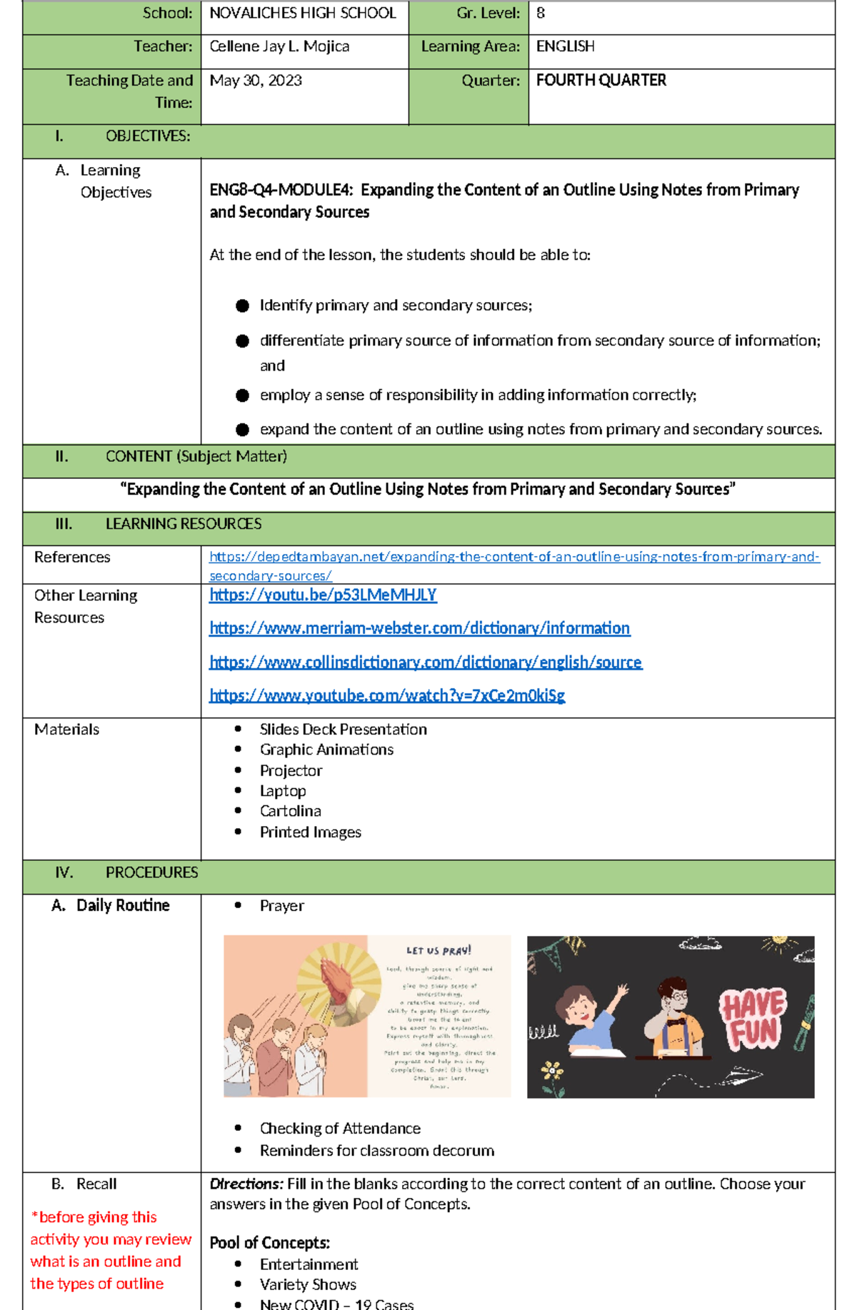 ENG8-Q4-MODULE4: Expanding Outlines with Primary & Secondary Sources ...