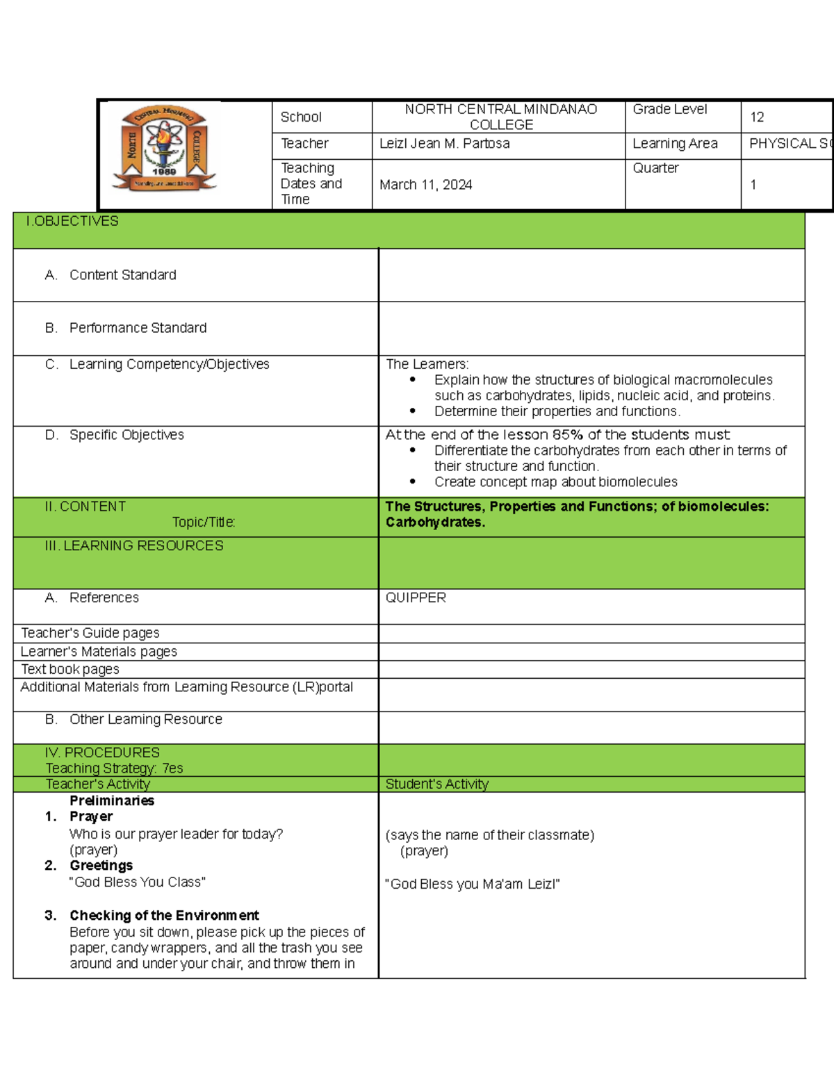 DLP Grade 12 Carbohydrates Lesson Plan and Activities - Studocu