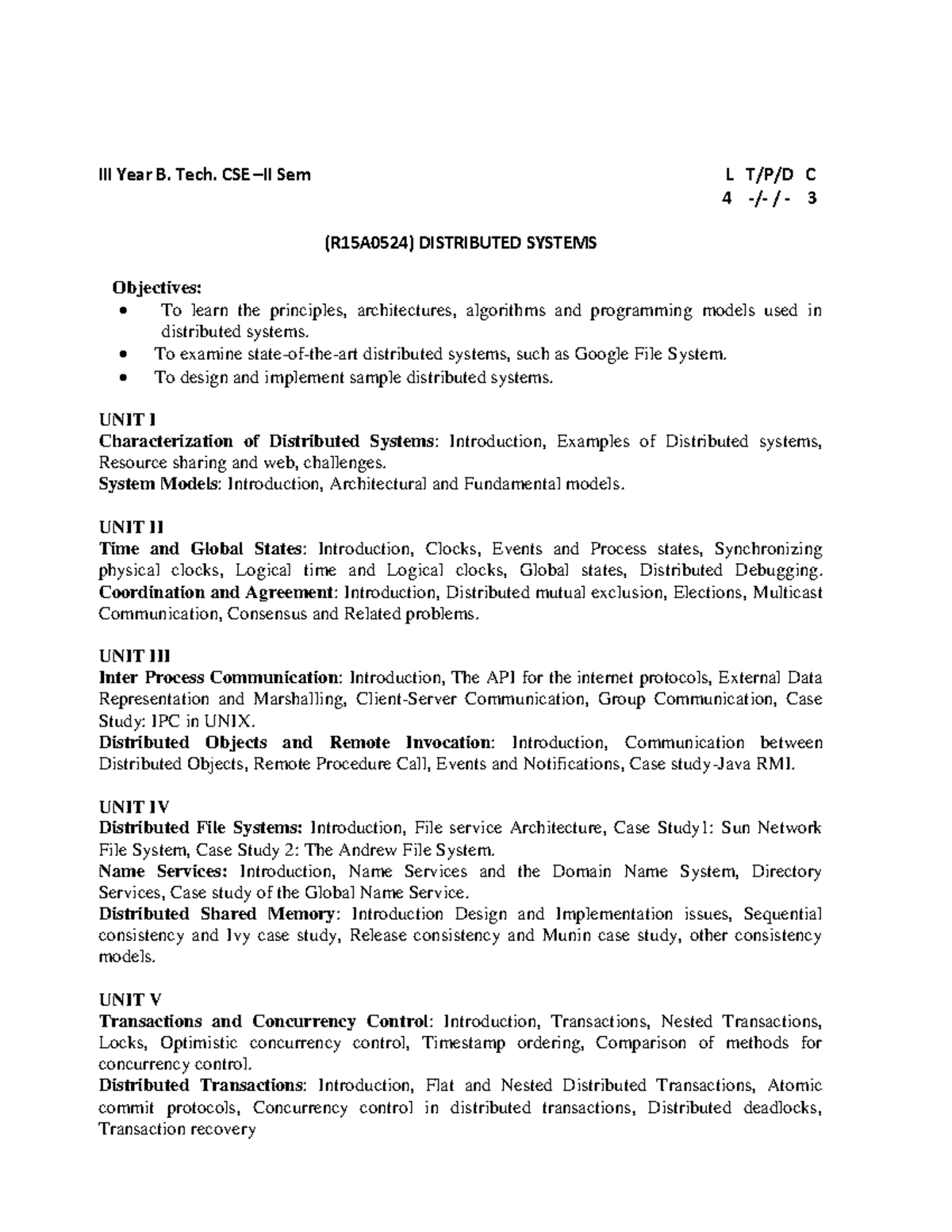 Distributed Systems Lecture Notes Iii Year B Tech Cse Ii Sem L T 5528